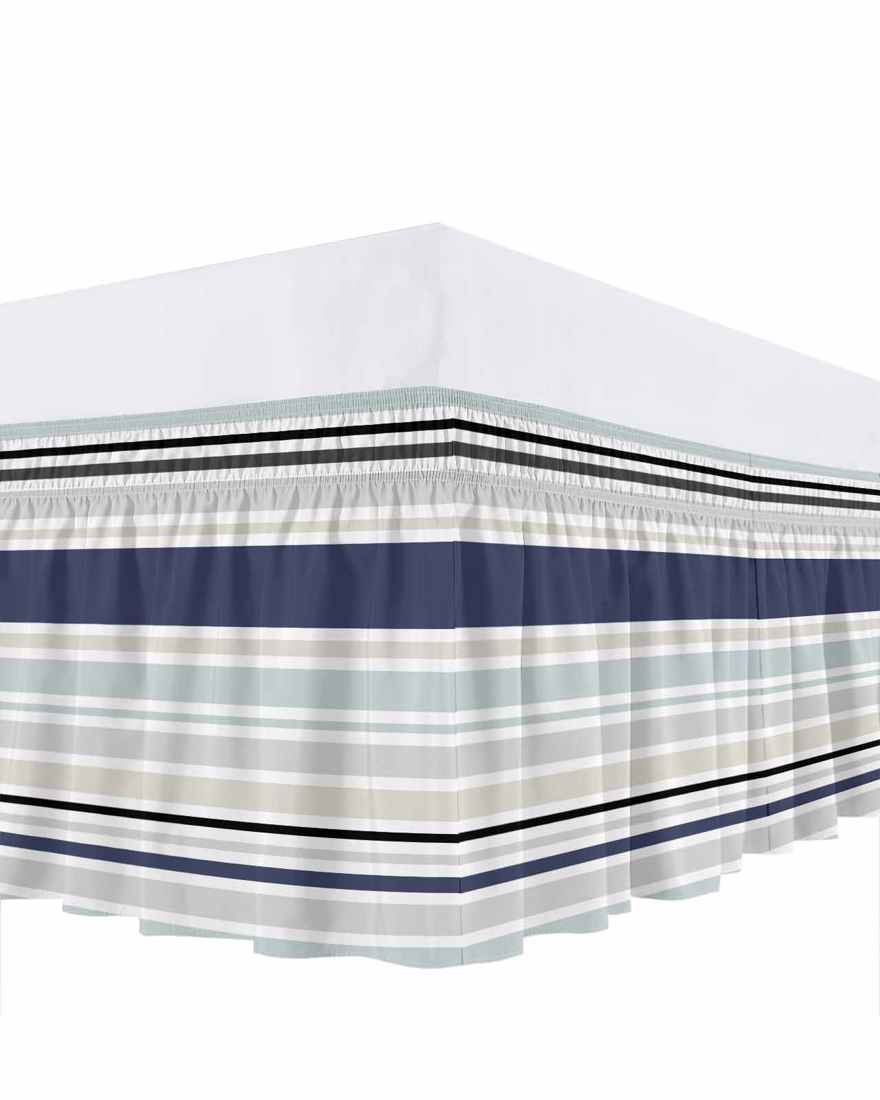 Blue Black Grey Striped Bed Skirt Cal King Size, Farmhouse Stripes Wrap ...