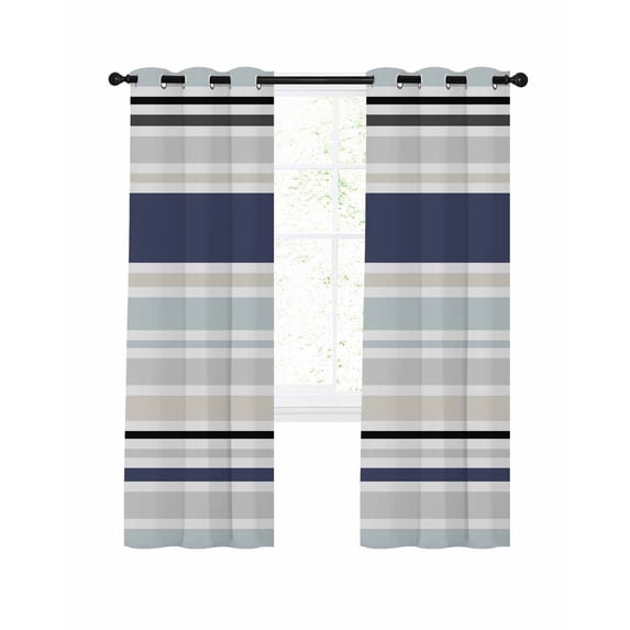 Blue Black Grey Striped Blackout Curtains 90 Inches Long for Bedroom ...