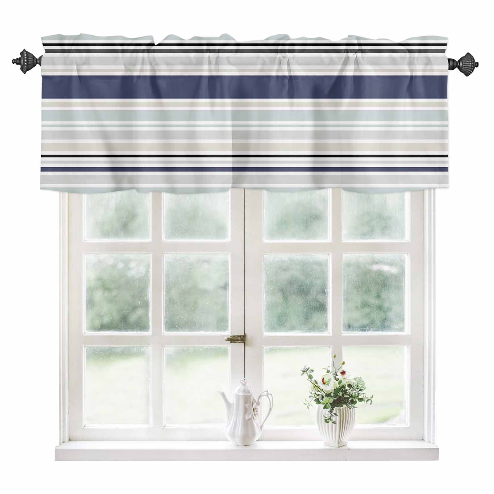 Blue Black Grey Striped Kitchen Valances for Windows 60x18 Inch Kitchen ...