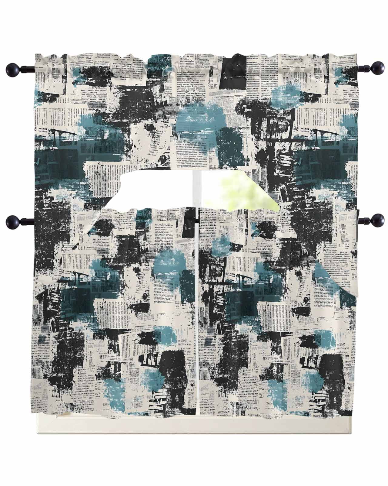Blue Black Kitchen Curtains Sets 24 Inch Length with Valance, Vintage ...