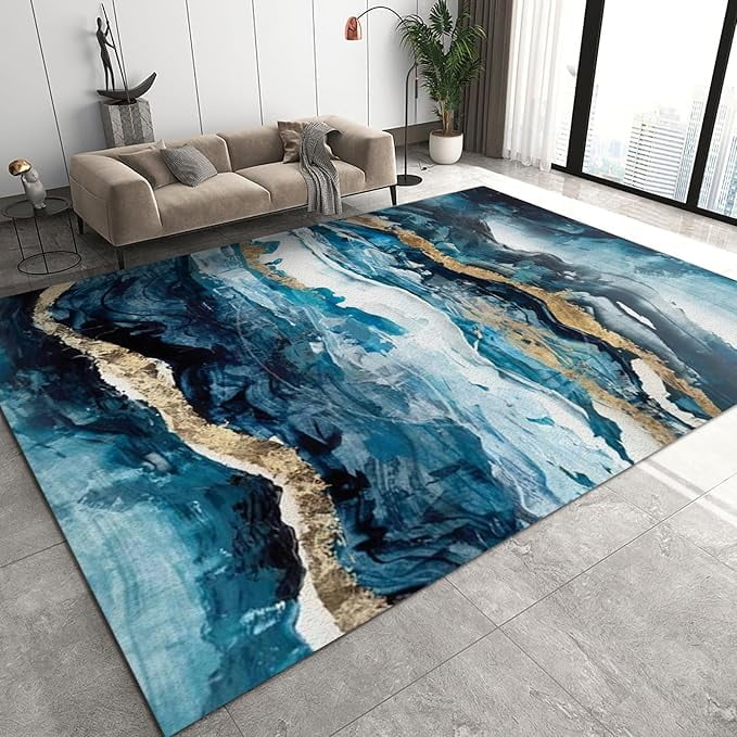 Blue Black Marble Area Rugs, 3D Hand Drawn Oil Painting Tiles Abstract ...