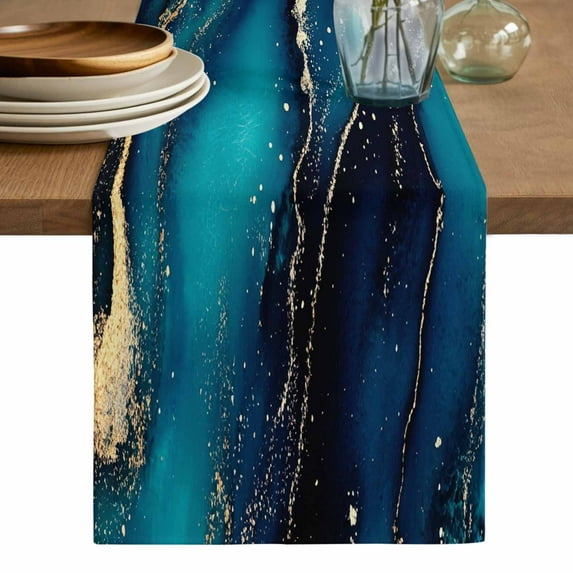 Blue Black Marble Table Runner, Modern Golden Abstract Aesthetic ...
