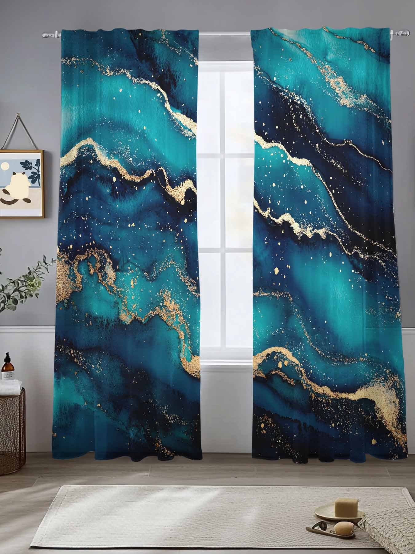 Blue Black Marble Texture Chiffon Sheer Curtains 84 Inches Long ...