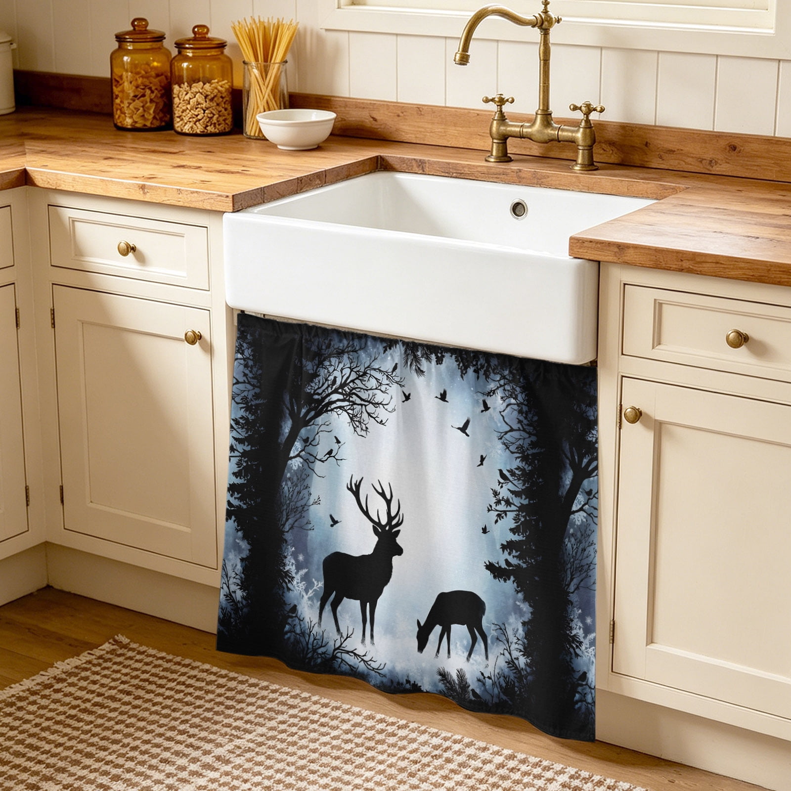 Blue Black Moose Cabinet Curtains 35"W x 35"L, Silhouettes Forest ...