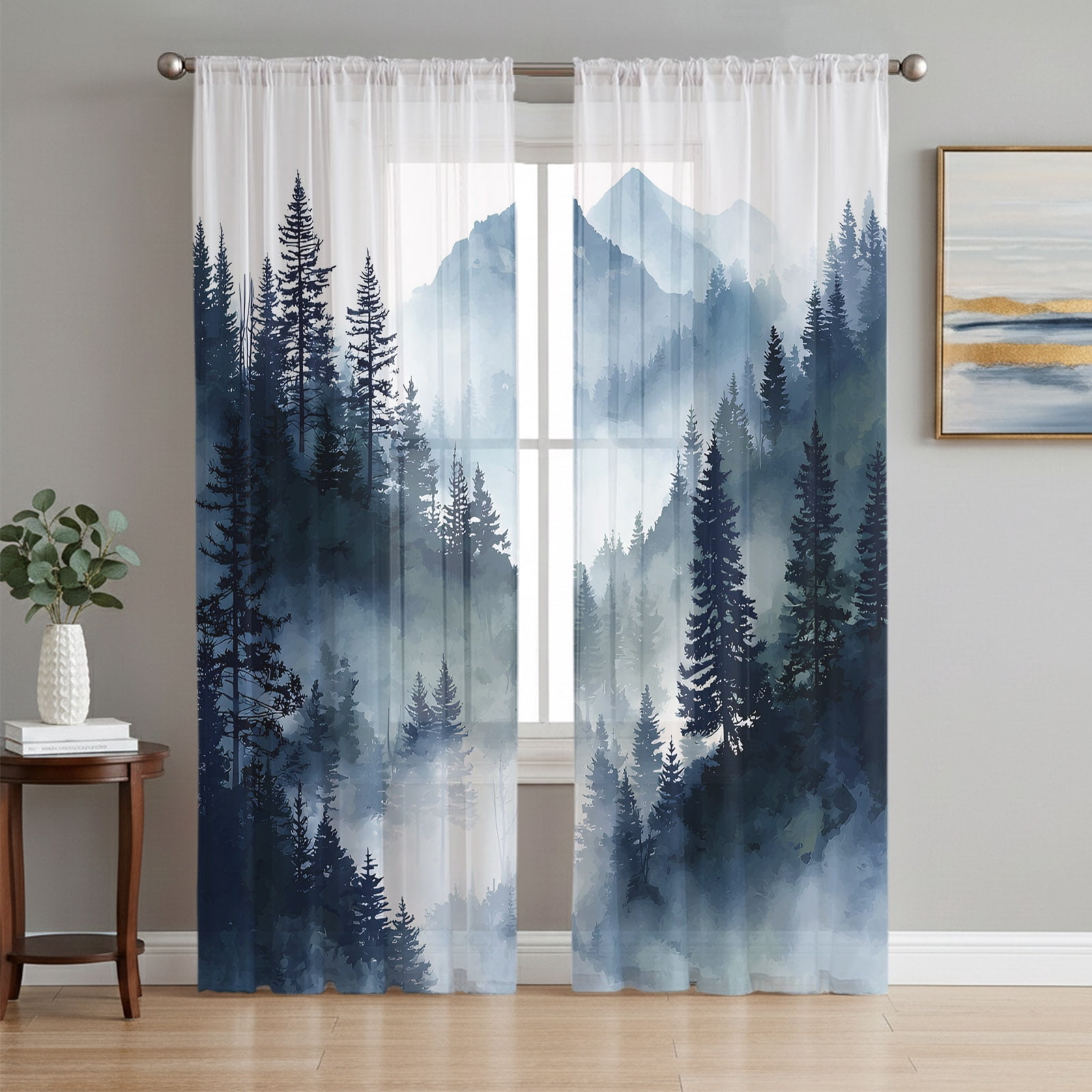 Blue Black Mountain Sheer Curtains for Living Room Bedroom Forest Pine ...
