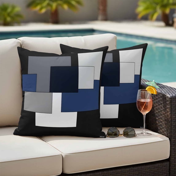 Blue Black Outdoor Throw Pillow Covers Set of 2, Geometric Abstract ...