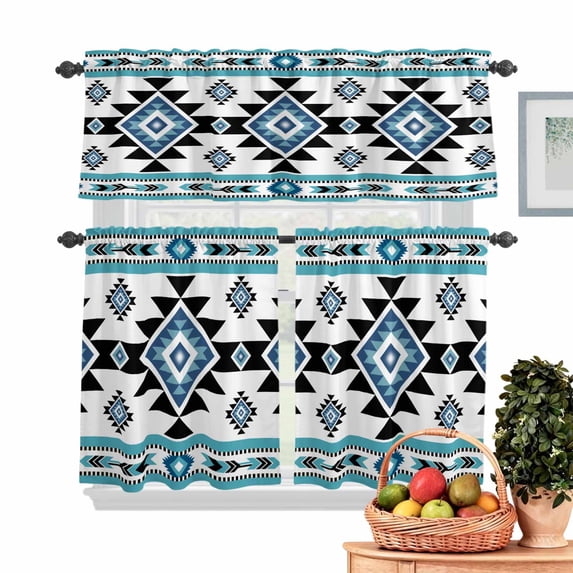 Blue Black Pattern Kitchen Curtains Valances 3 Piece Set, Retro ...