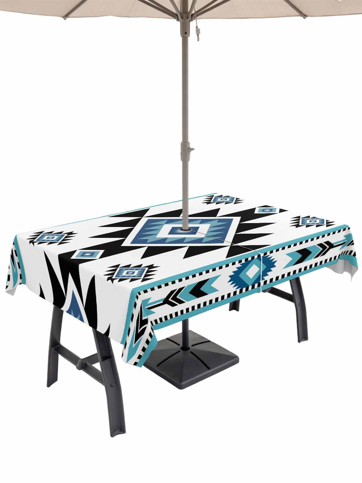 Blue Black Pattern Rectangle Outdoor Tablecloth with Umbrella Hole ...