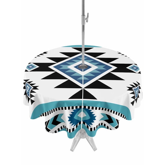 Blue Black Pattern Round Outdoor Tablecloth with Umbrella Hole Retro ...