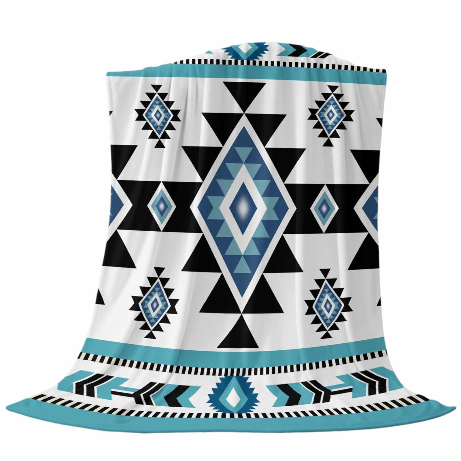 Blue Black Pattern Throw Flannel Blanket Retro Bohemian Square Abstract ...