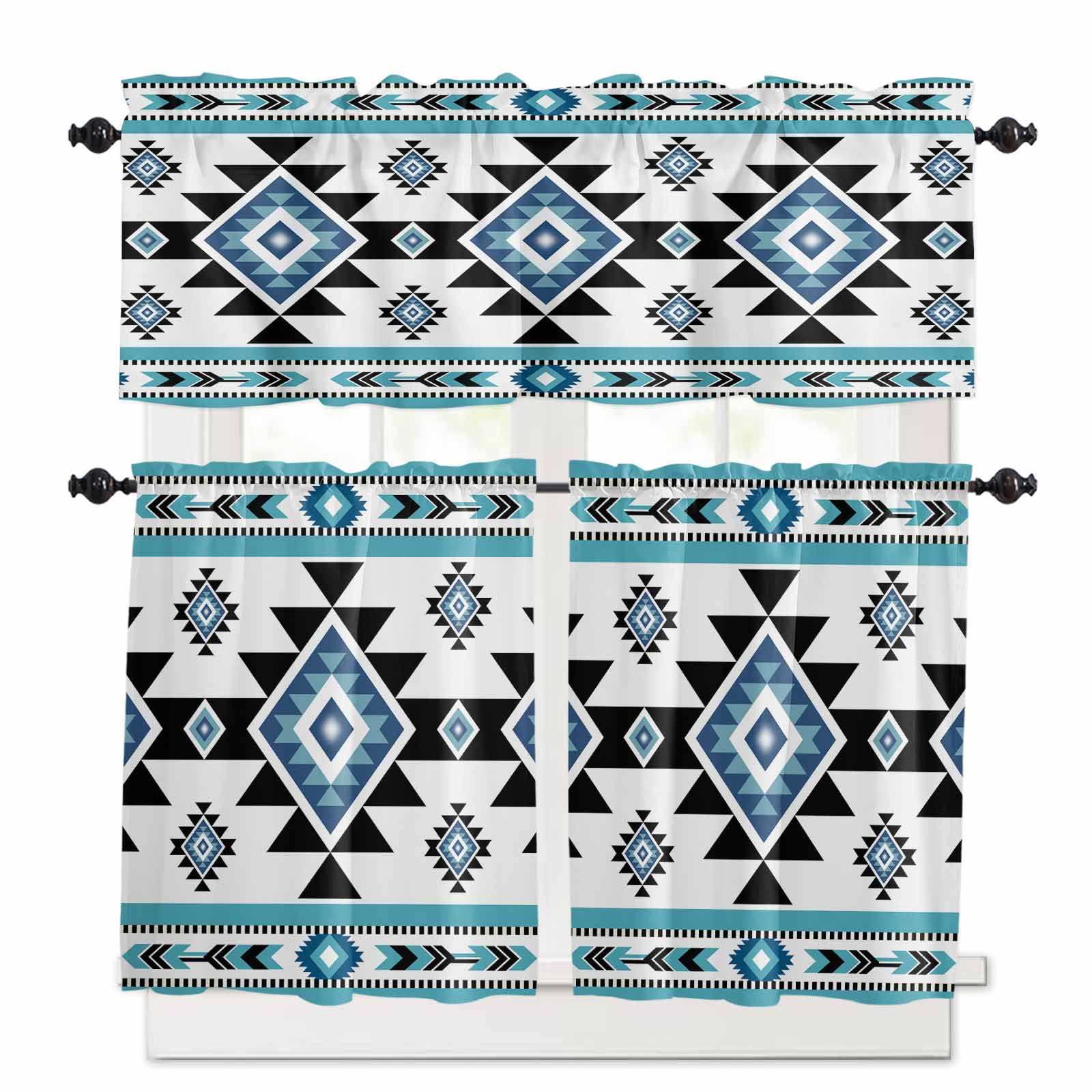 Blue Black Pattern Window Curtains Valance Set of 3 Retro Bohemian ...