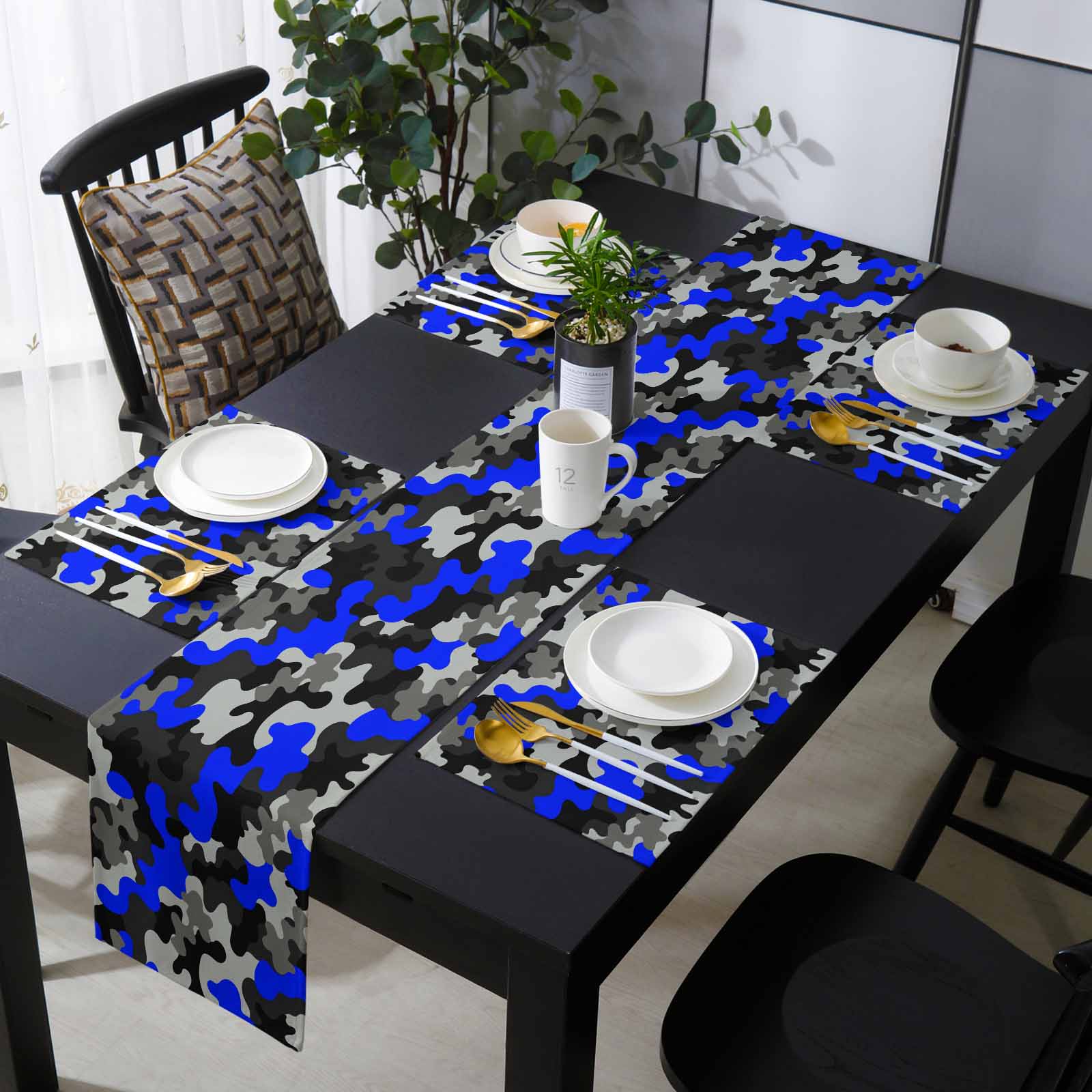 Blue Black Placemats Set of 6 with 90 Inches Long Table Runners,Modern ...