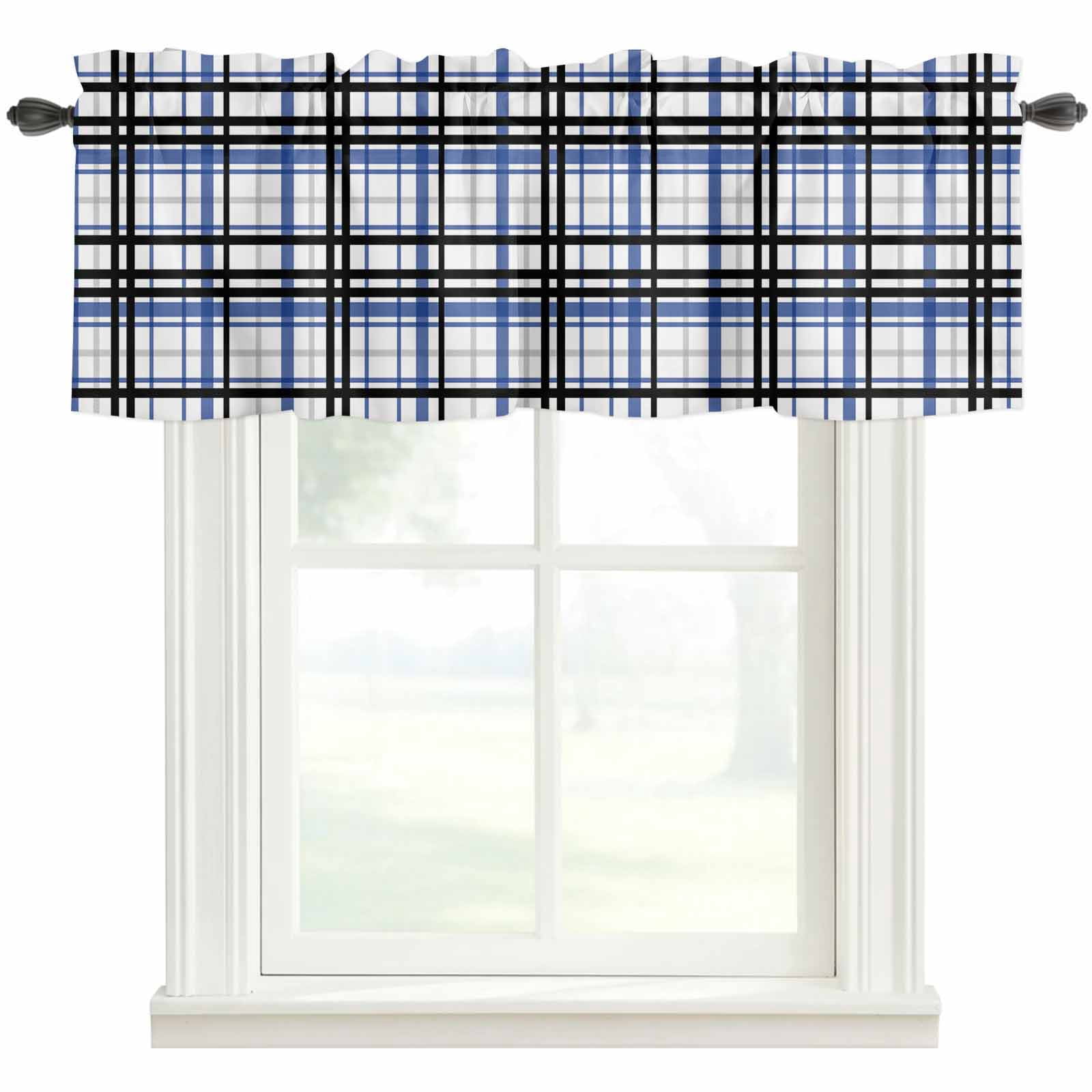 Blue Black Plaid Rod Pocket Curtain Valance, Farmhouse Blue Black ...