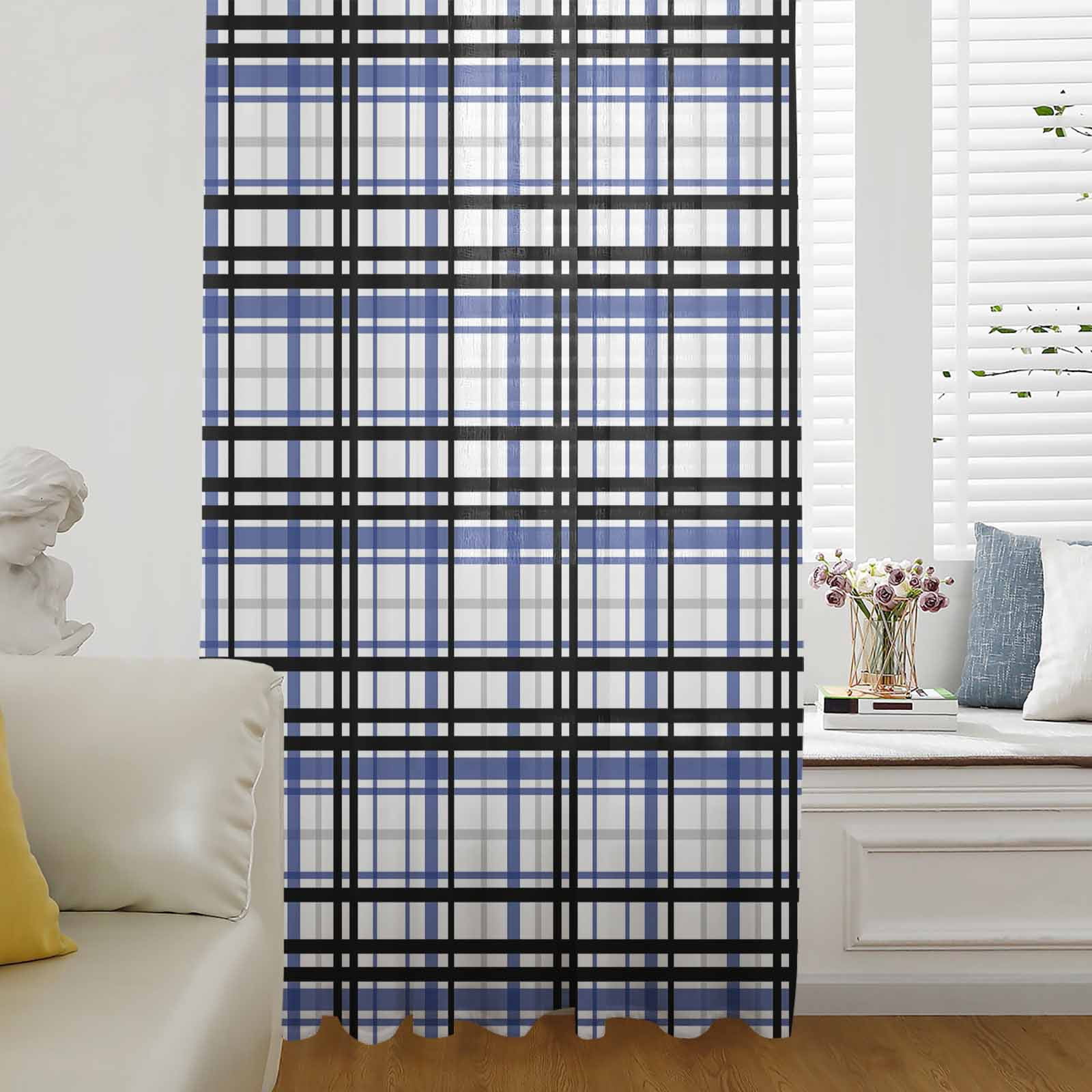 Blue Black Plaid Semi Sheer Curtains Drapes for Living Room, Bedroom ...