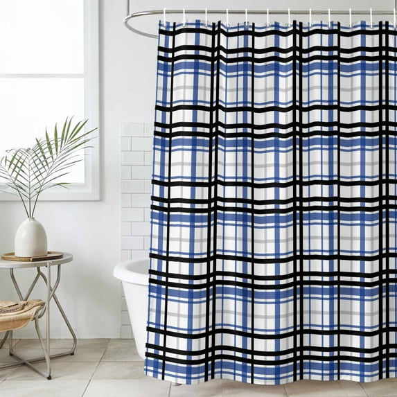 Blue Black Plaid Waterproof Fabric Shower Curtain,Farmhouse Blue Black ...