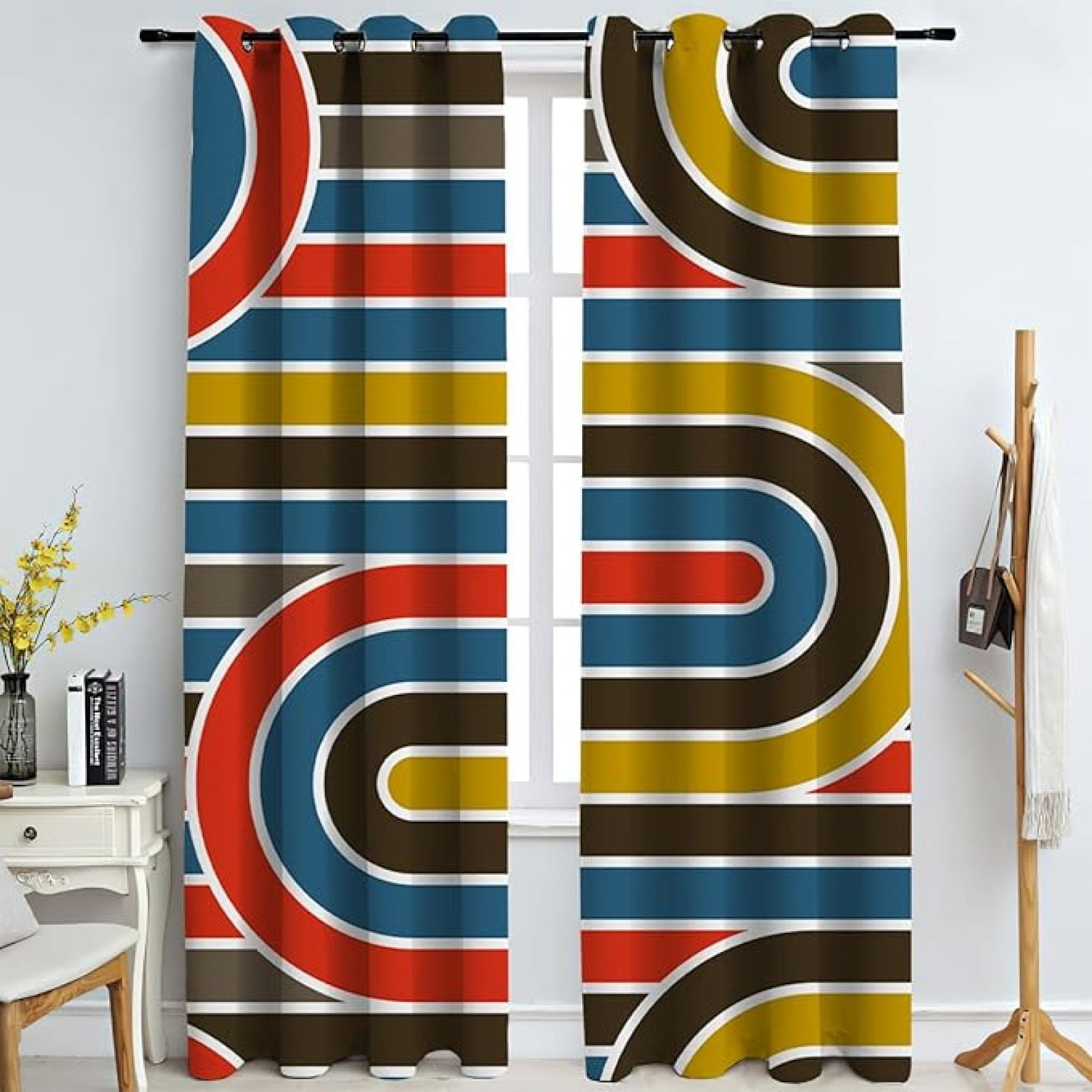 Blue Black Red Yellow Stripes Blackout Curtains, Abstract Twisted ...