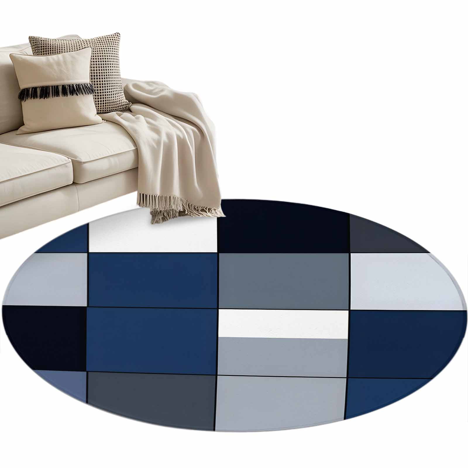 Blue Black Round Area Rug 3.3ft Geometric Abstract Color Block Plaid ...