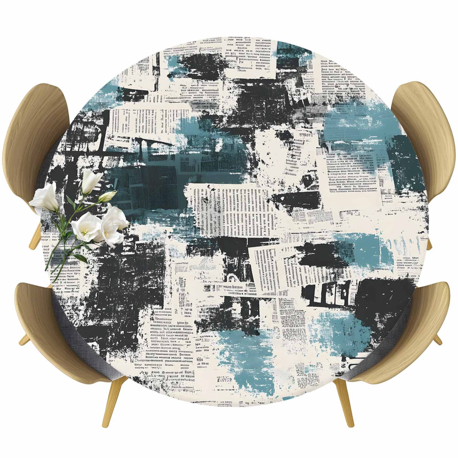 Blue Black Round Tablecloth, Fitted Table Cover with Elastic for 55"-60 ...