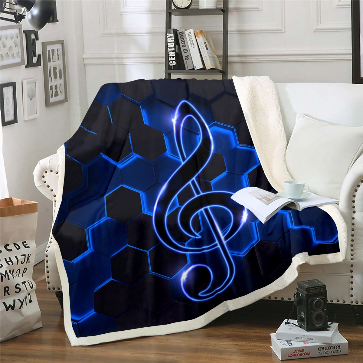 Blue Black Sherpa Blanket Musical Treble Clef Blanket, Glowing ...