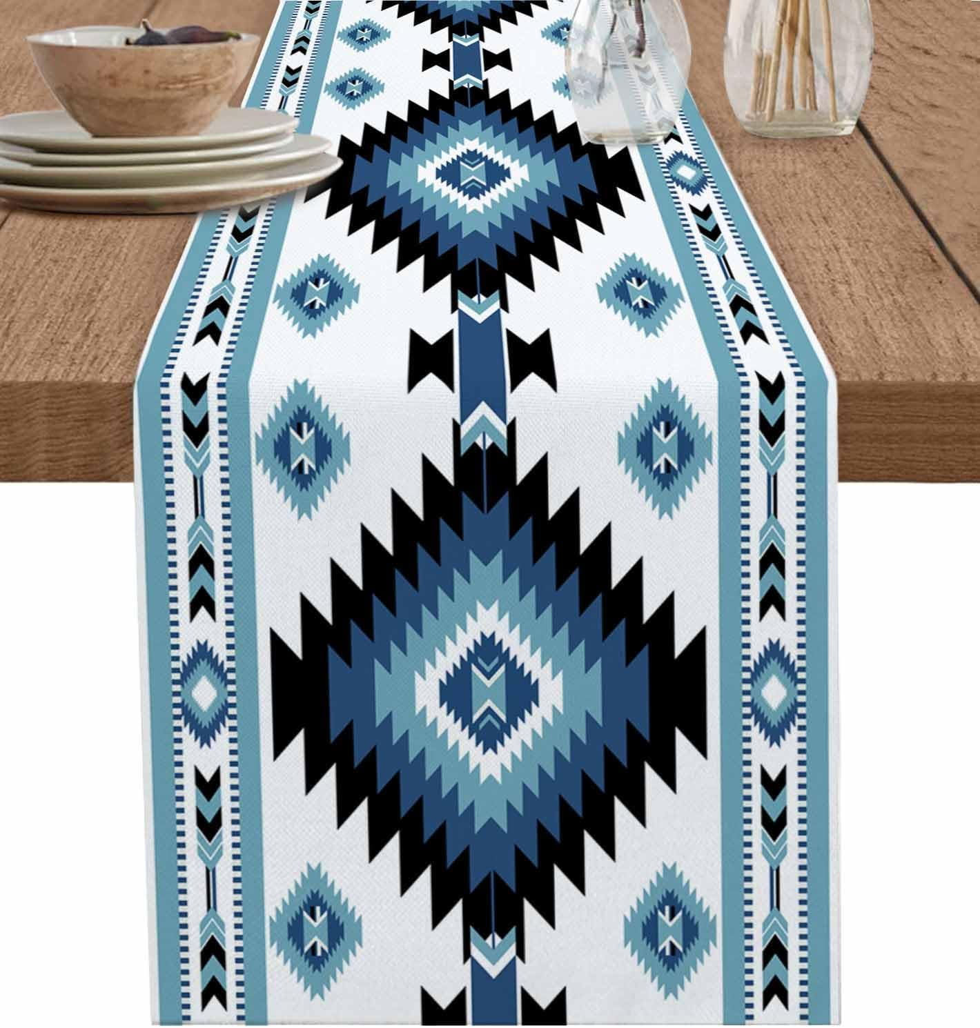 Blue Black Southwest Table Runner 72 Inches, Western Geometric Abstract ...