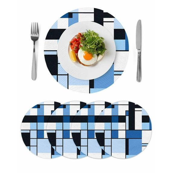 Blue Black Squares Pattern Round Table Placemats set of 4, Abstract ...