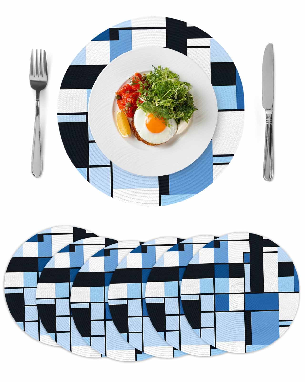 Blue Black Squares Pattern Round Table Placemats set of 6, Abstract ...