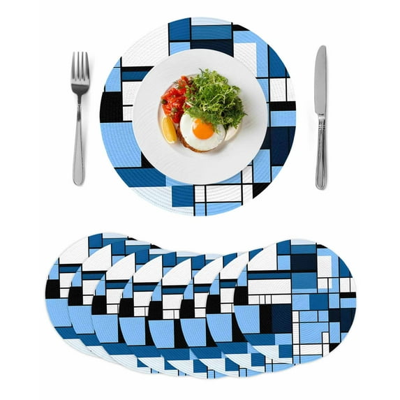Blue Black Squares Round Table Placemats set of 8, Abstract Geometric ...