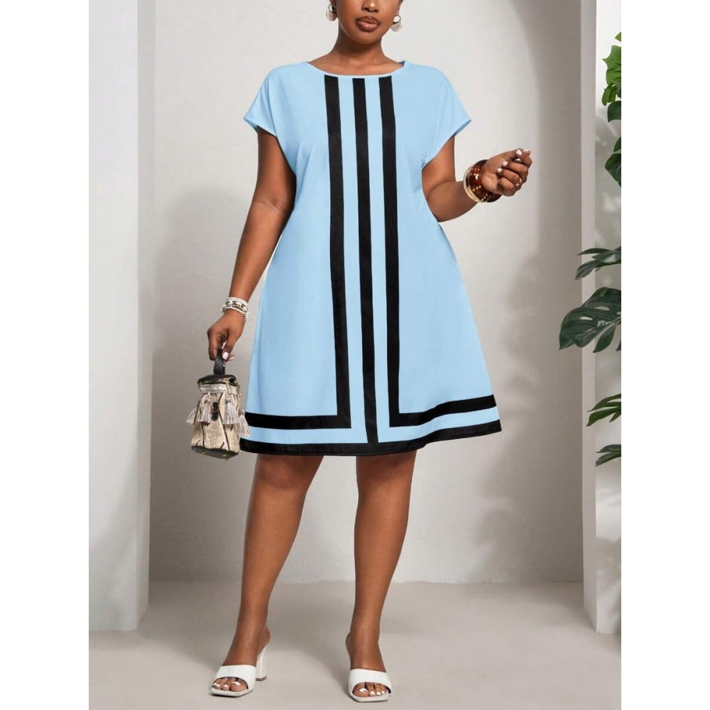 Blue Black-Striped Round Neck Short Sleeve A-Line Mini Dress For Women ...