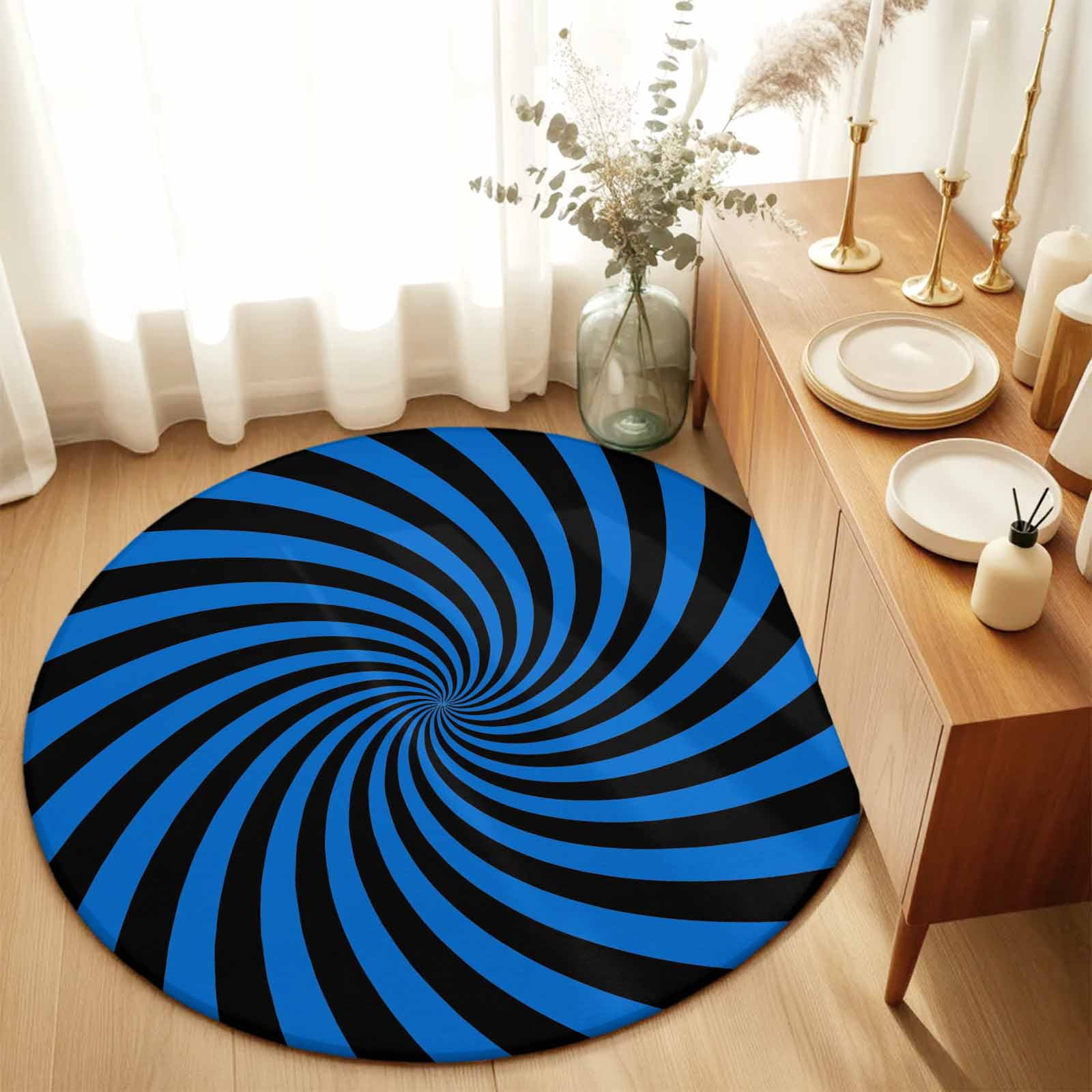 Blue Black Striped Swirl Round Area Rug 3ft,Living Room Rug Non-Slip ...