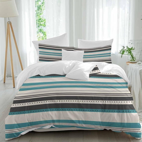 Blue Black Stripes Queen Size Bed Set,Vintage Lines on Linen Bedding ...