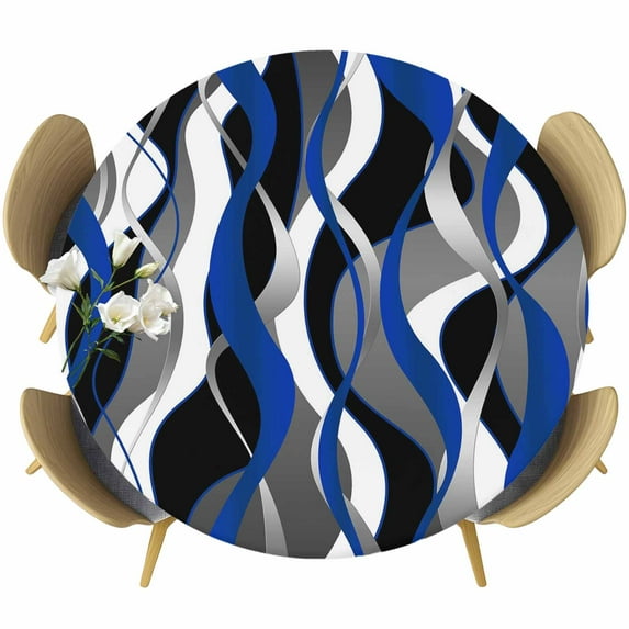 Blue Black Stripes Round Tablecloth, Fitted Table Cover with Elastic ...