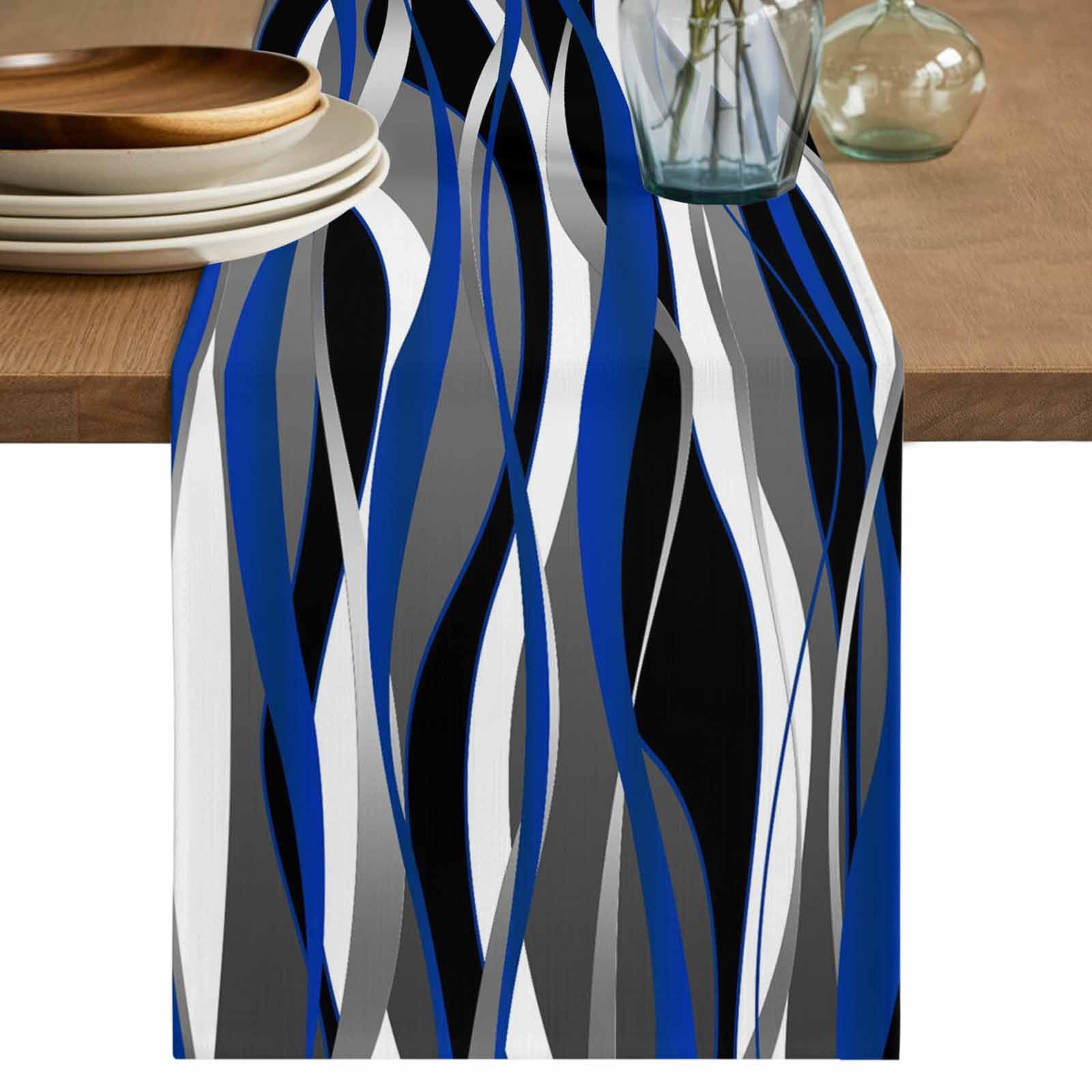 Blue Black Stripes Table Runner 48 Inches, Modern Abstract Ombre Grey ...