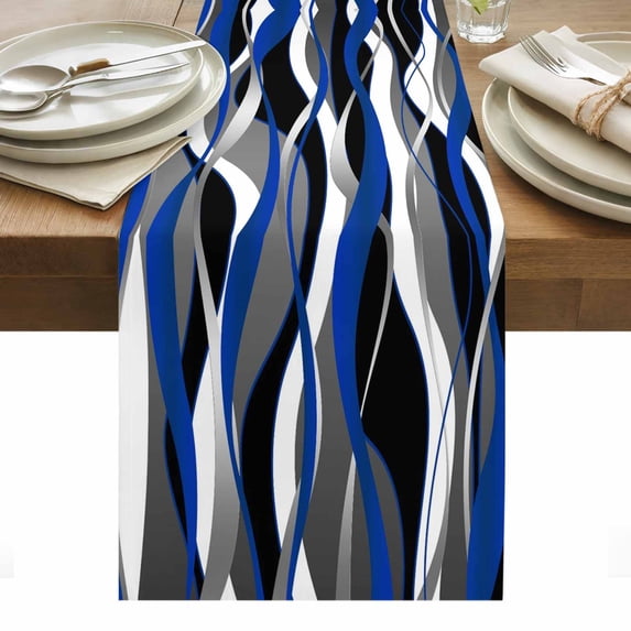 Blue Black Stripes Table Runner - 90 Inch Long, Kitchen Dining Table ...