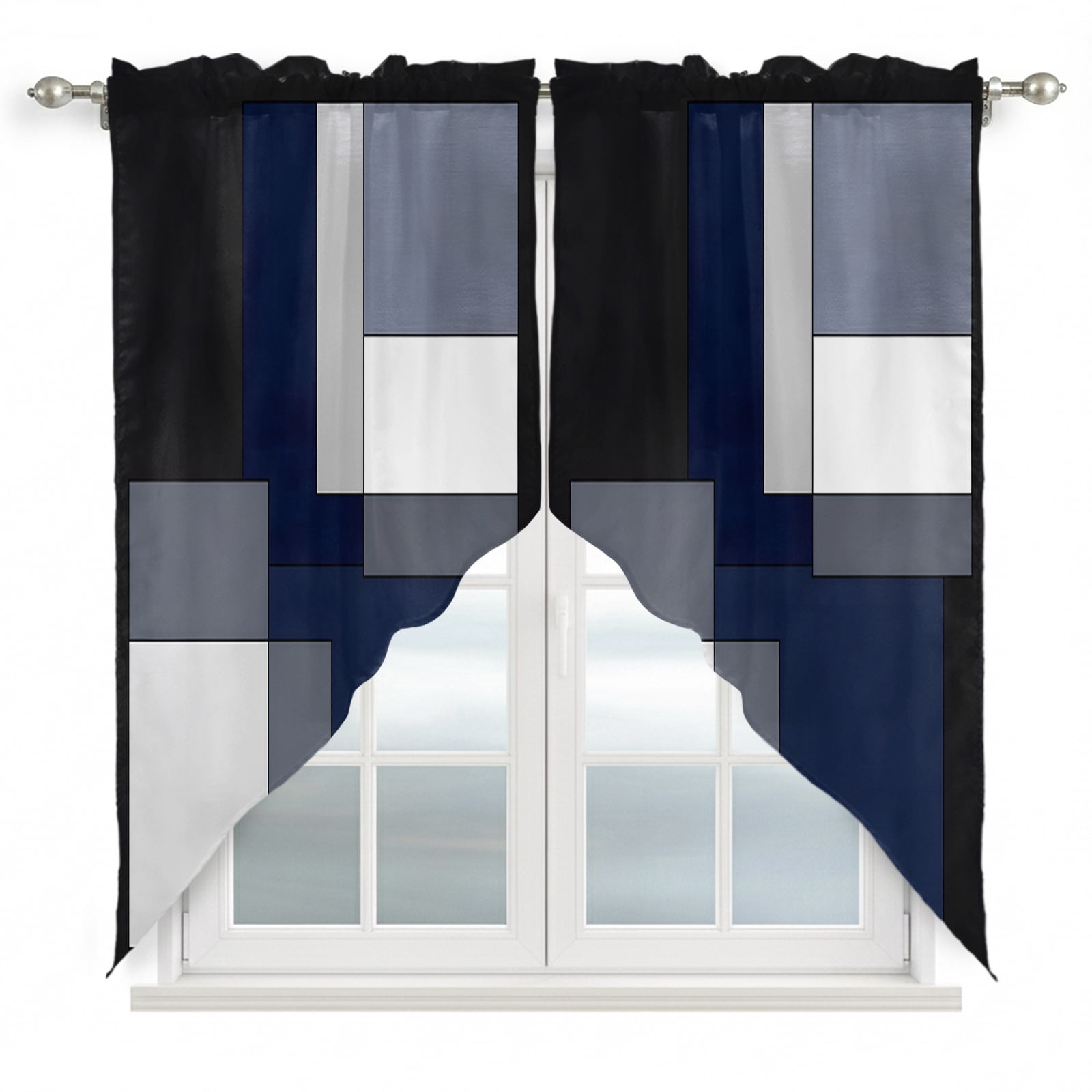 Blue Black Swag Curtain Valance for Window 2 Panels Grey Geometric ...