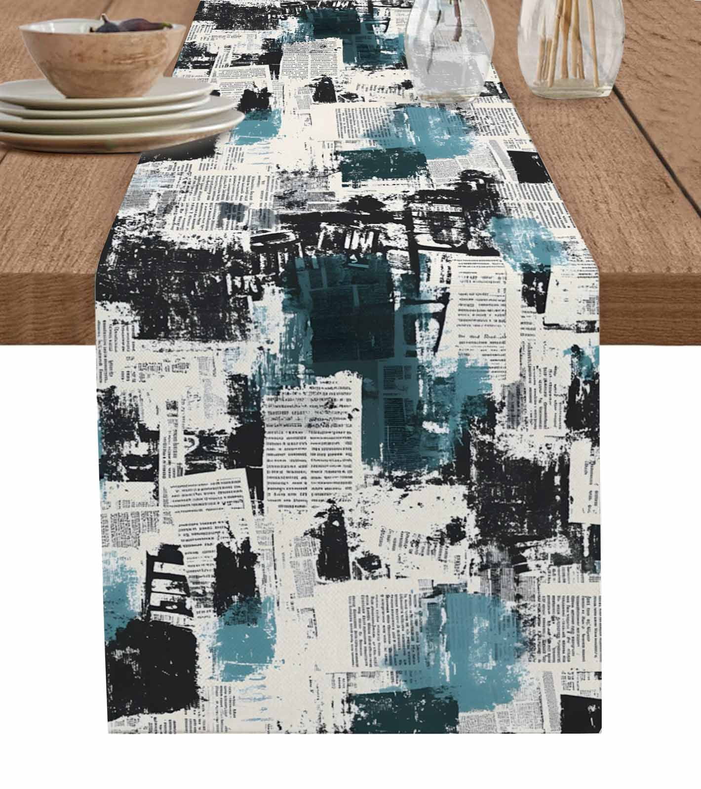 Blue Black Table Runner 108 Inches, Vintage Shabby Chic Newspaper ...