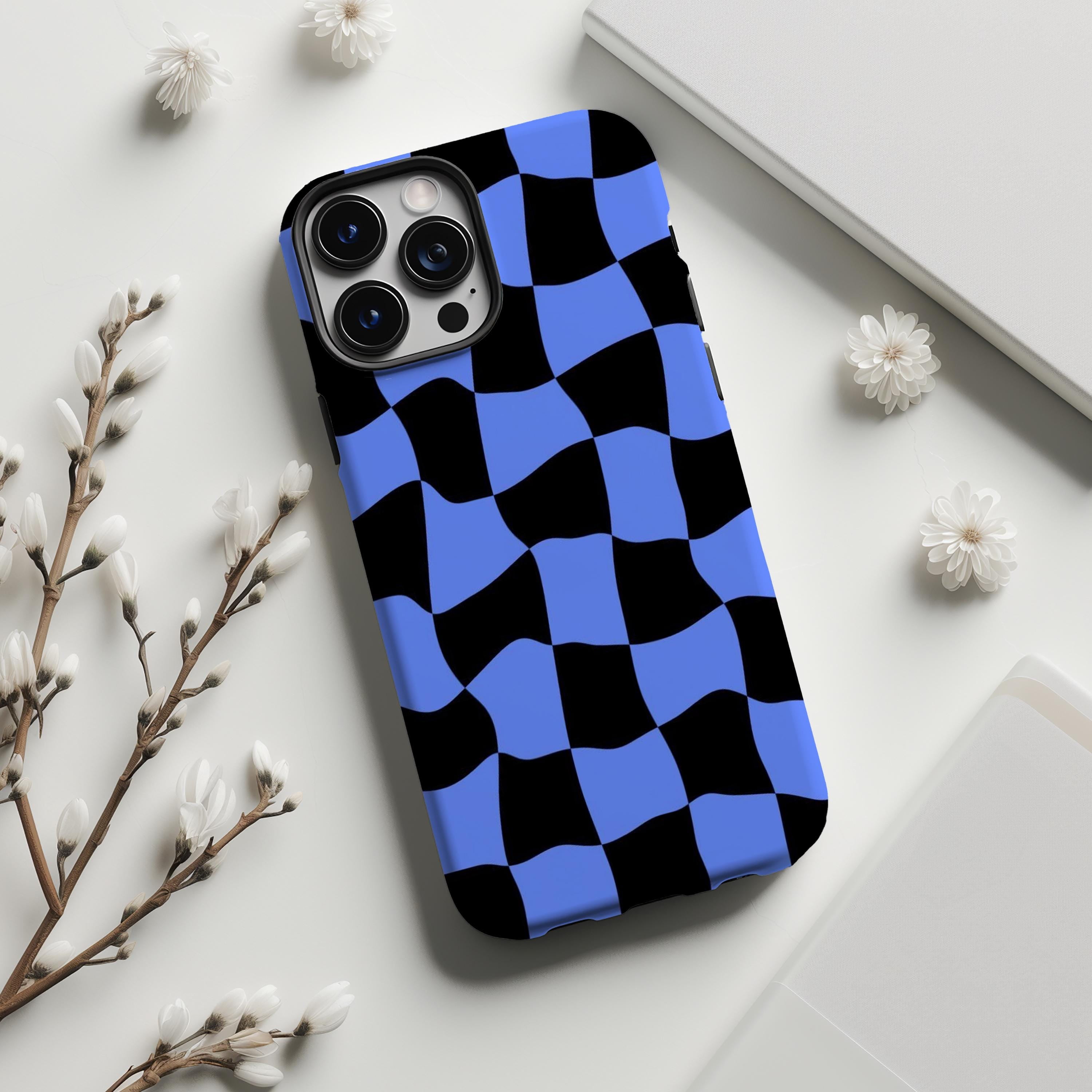 Blue Black Twisted Checkerboard Phone Case with Wavy Retro Style 17 11 ...