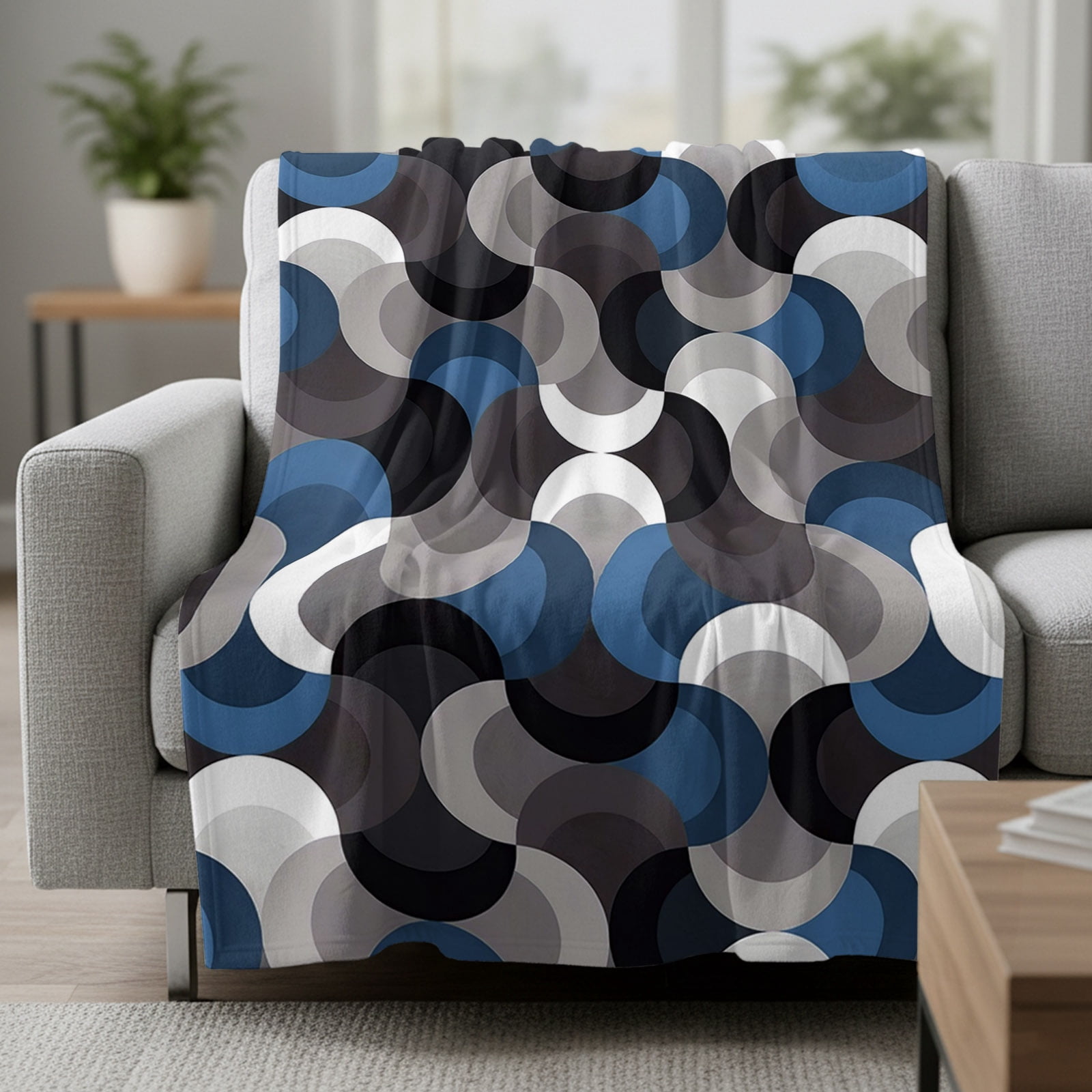 Blue Black Wavy Fleece Throw Blanket Medieval Abstract White Grey Blue ...