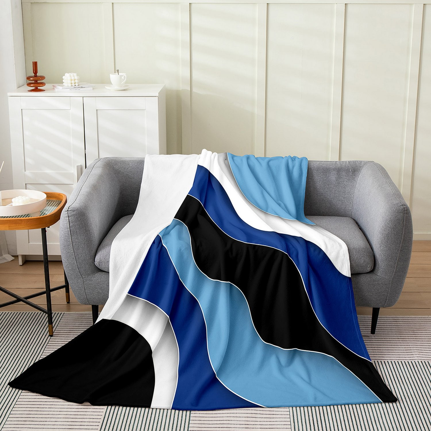 Blue Black Wavy Striped Fleece Flannel Blanket,Geometric Waves Stripes ...