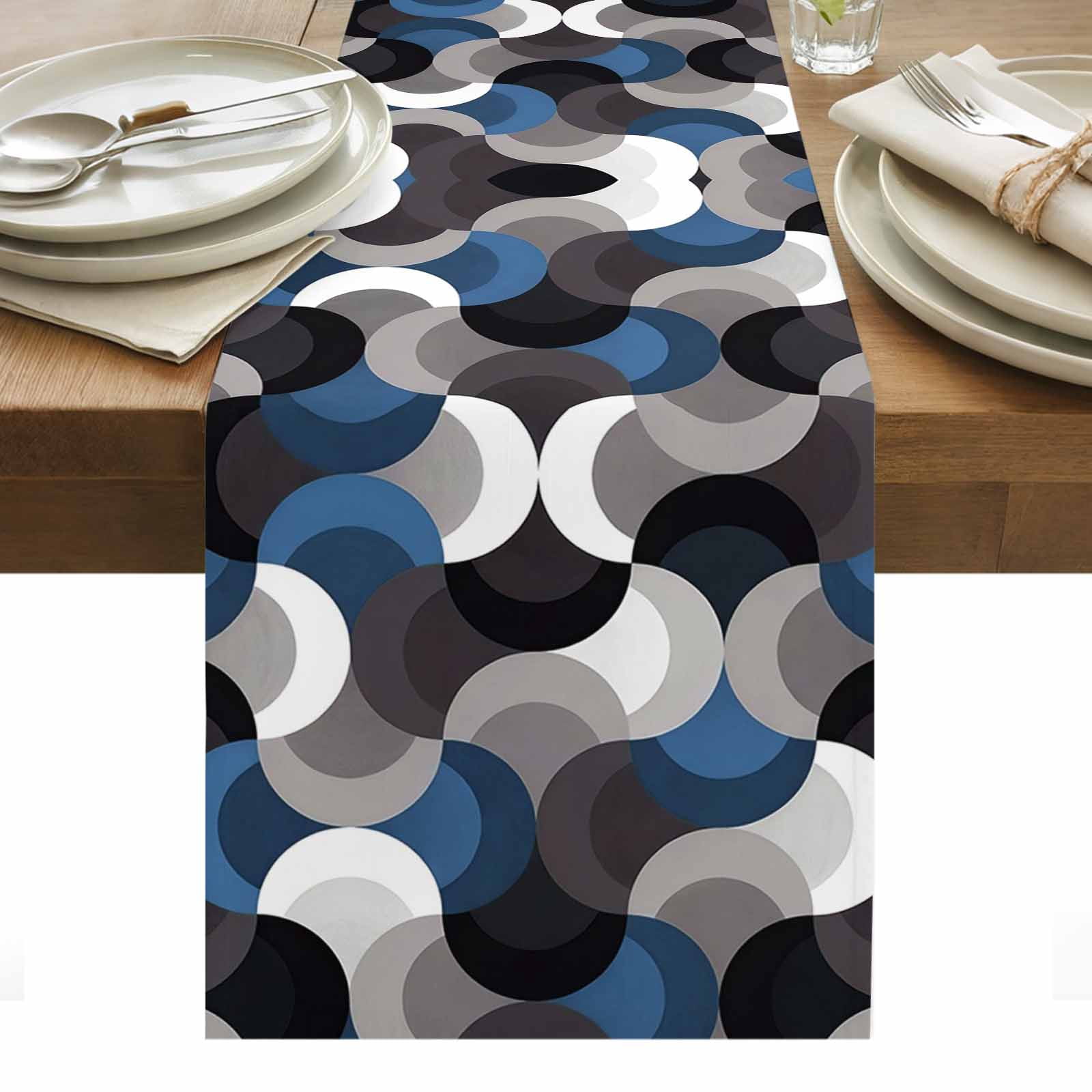 Blue Black Wavy Table Runner 14 x 72 Inch, Medieval Abstract White Grey ...