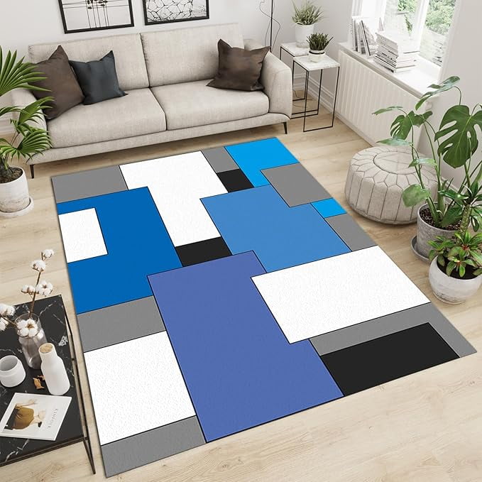 Blue Black White Simple Area Rug, Modern Home Decor Breathable Washable ...