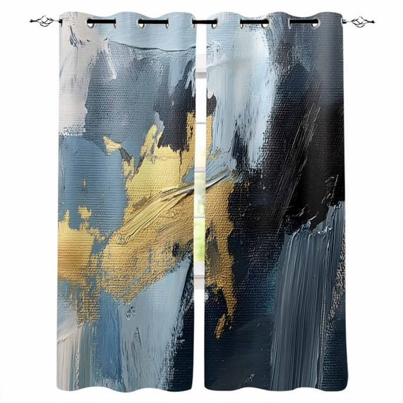 Blue Black Yellow Oil Painting Blackout Curtains 45 Inches Long, Modern ...