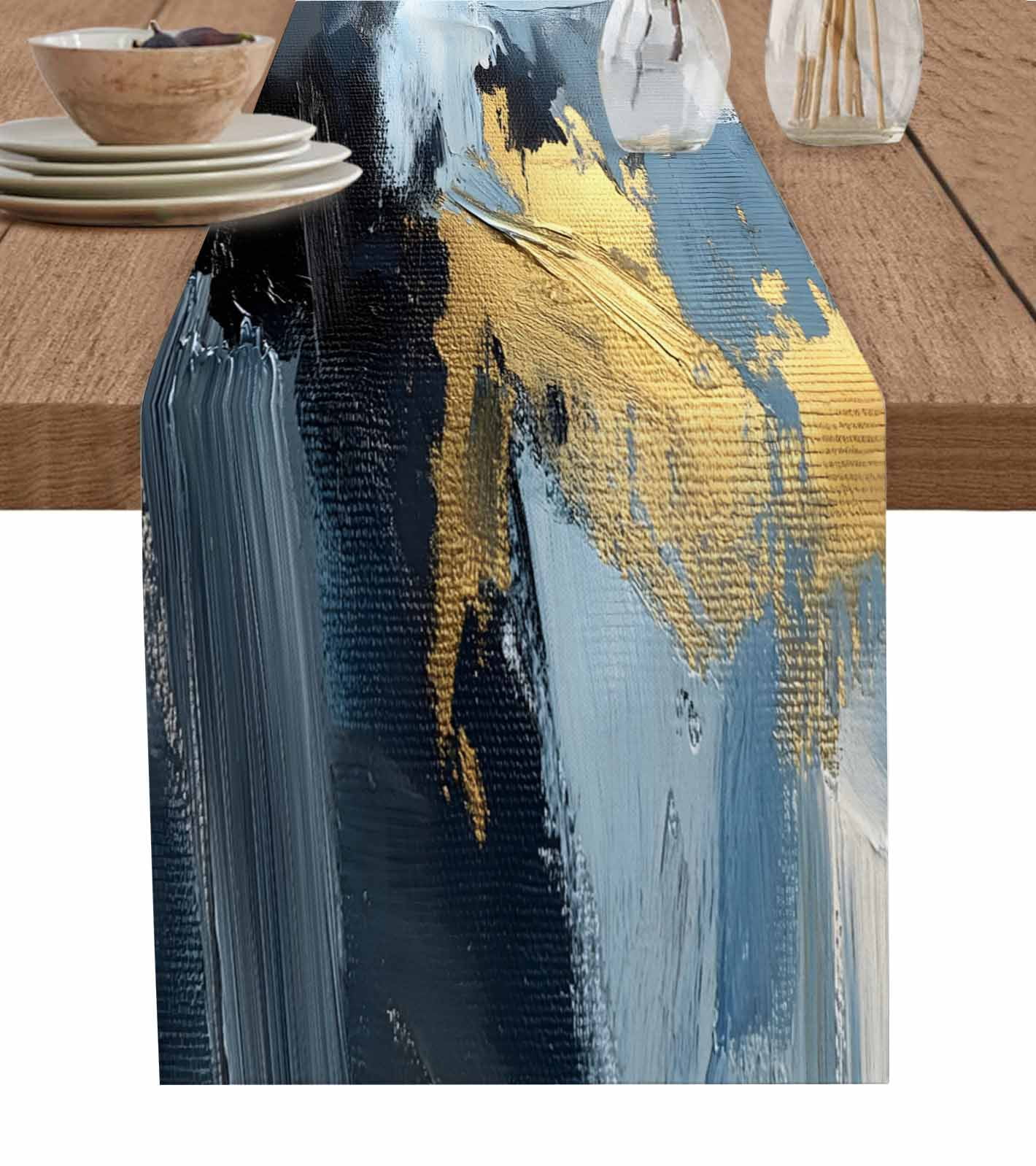Blue Black Yellow Oil Painting Table Runner Modern Abstract ...