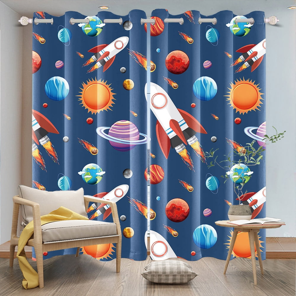 Blue Blackout Curtain Set of 2 Panels Space Rockets Planet Thermal ...
