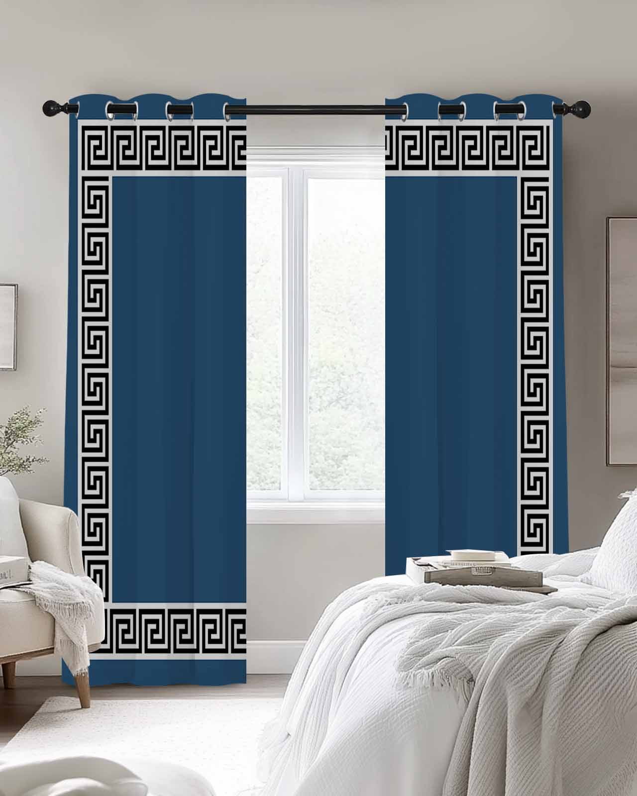 Blue Blackout Curtains 2 Panels, Greek Chinese Style Thermal Insulated ...