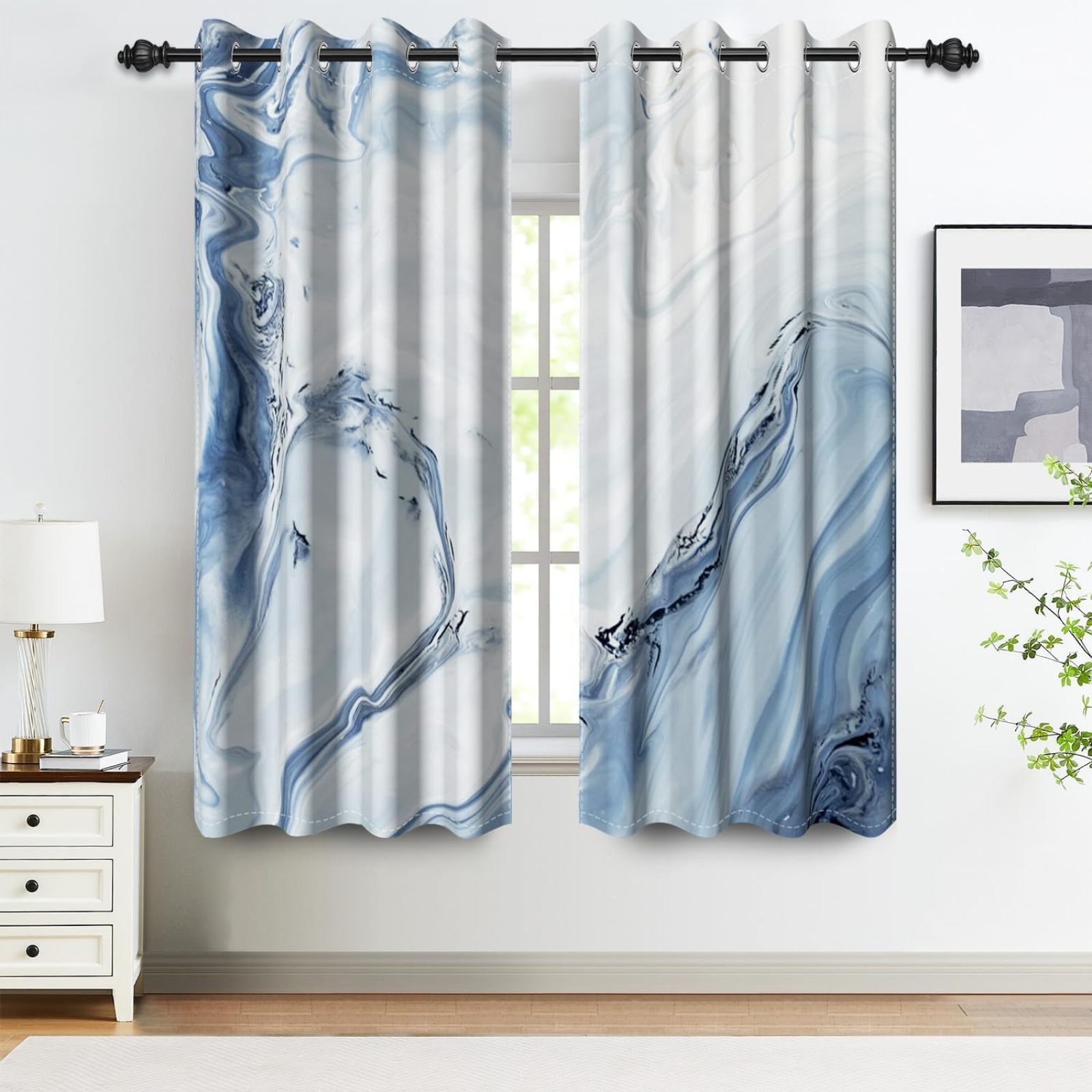 Blue Blackout Curtains Modern Abstract Marble Texture Curtain Panels ...
