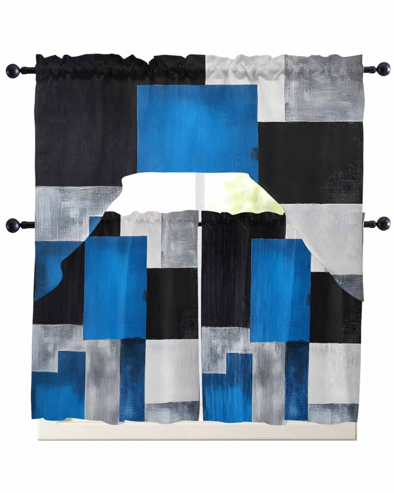 Blue Blavk Grey Kitchen Curtains Set for Windows 3 Piece Cafe Curtains ...