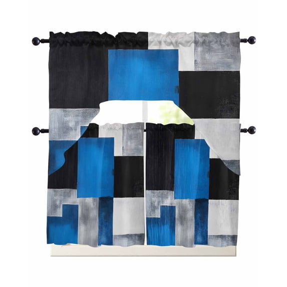 Blue Blavk Grey Kitchen Curtains Set for Windows 3 Piece Cafe Curtains ...