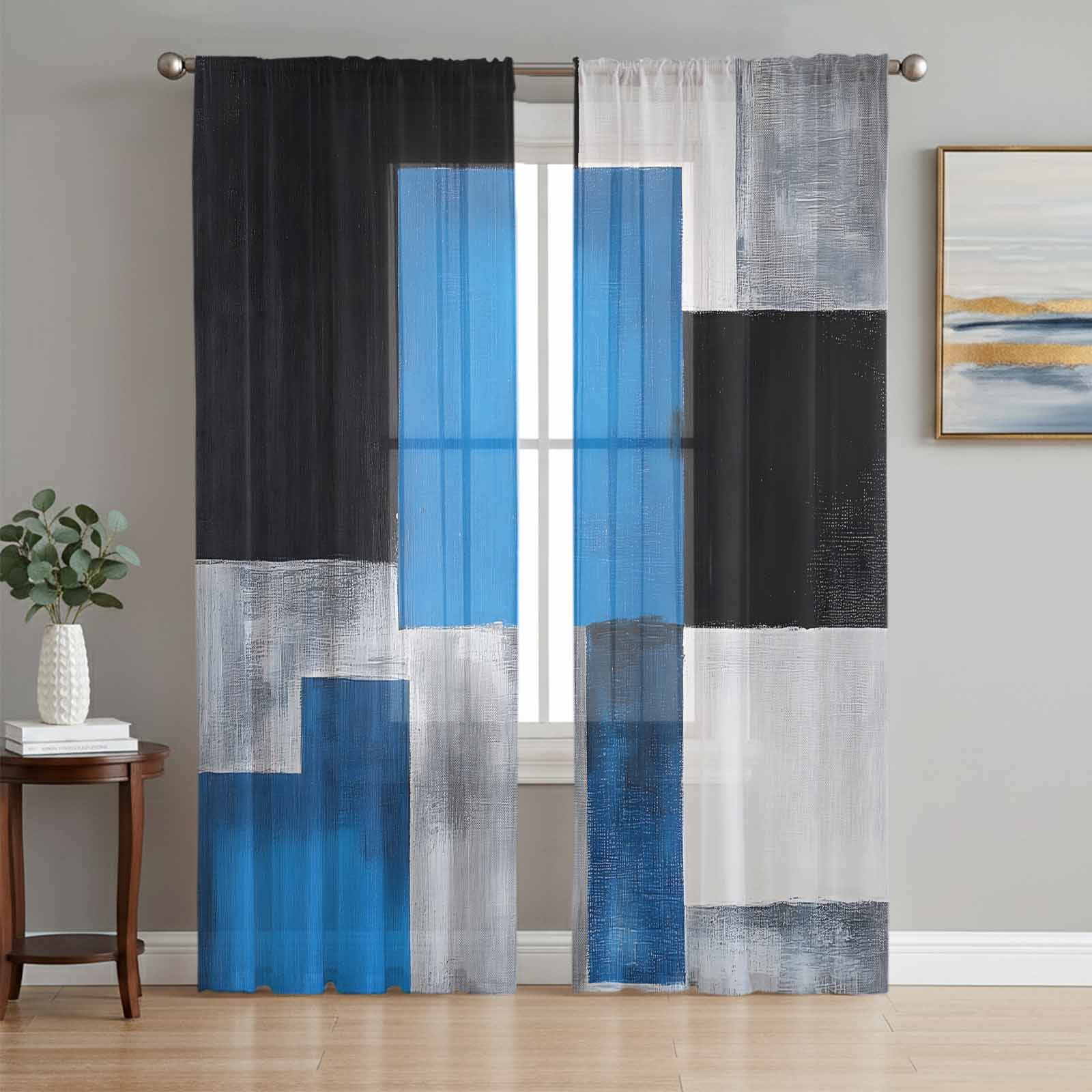 Blue Blavk Grey Semi Sheer Curtains 96 Inch Length 2 Panels Set, White ...