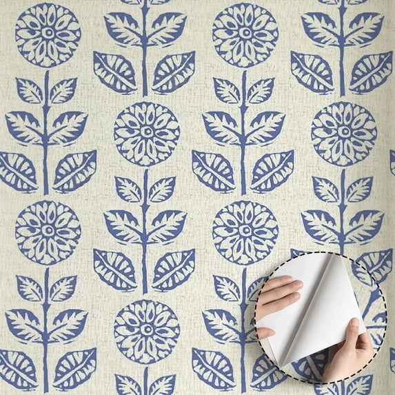 Blue Block Print Floral Wallpaper, Boho Farmhouse Vintage peel and ...