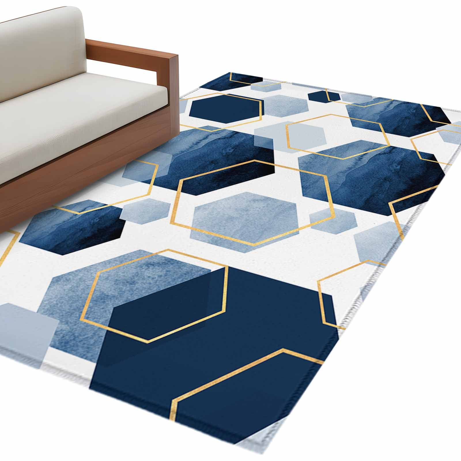 Blue Blocks Area Rug 3x5ft Modern Art Yellow Line Decor Non-Slip ...